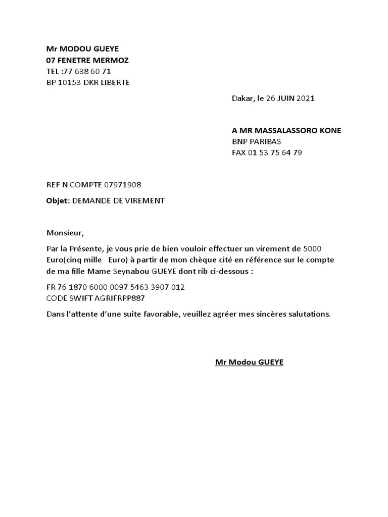 Demande de virement de 5000 euros | PDF
