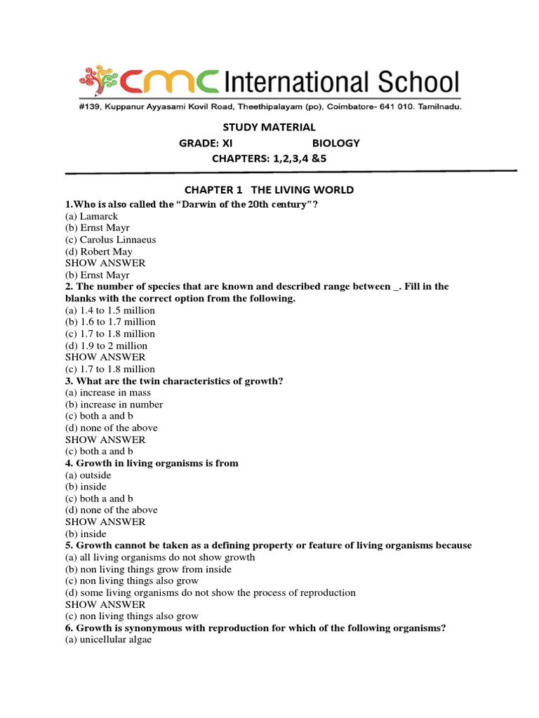 Study Material Grade: Xi Biology CHAPTERS: 1,2,3,4 &5 Chapter 1 The ...