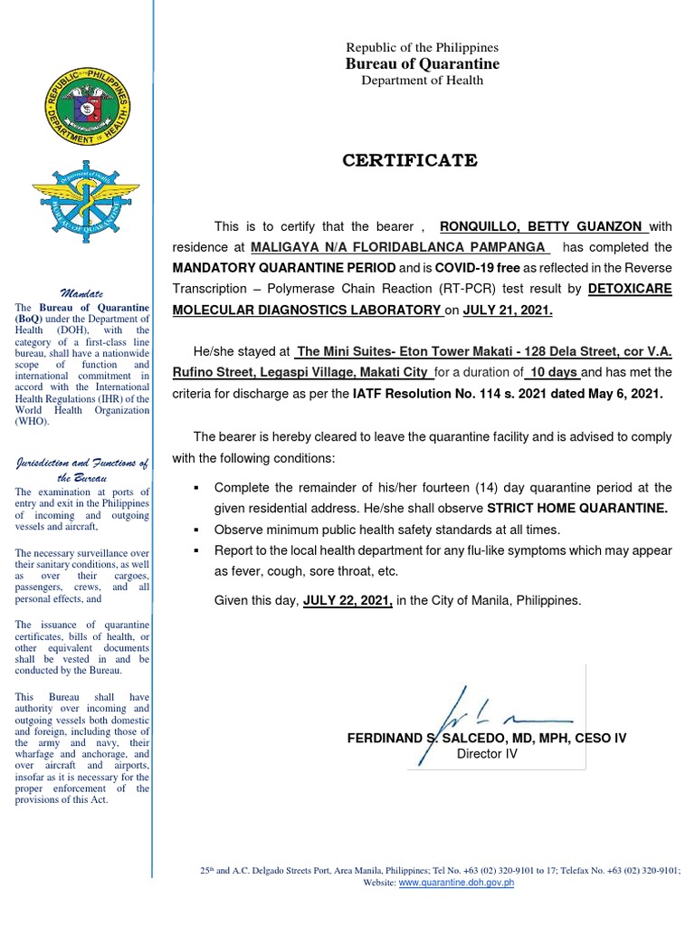 Certificate: Bureau of Quarantine | PDF | Quarantine | Health Sciences