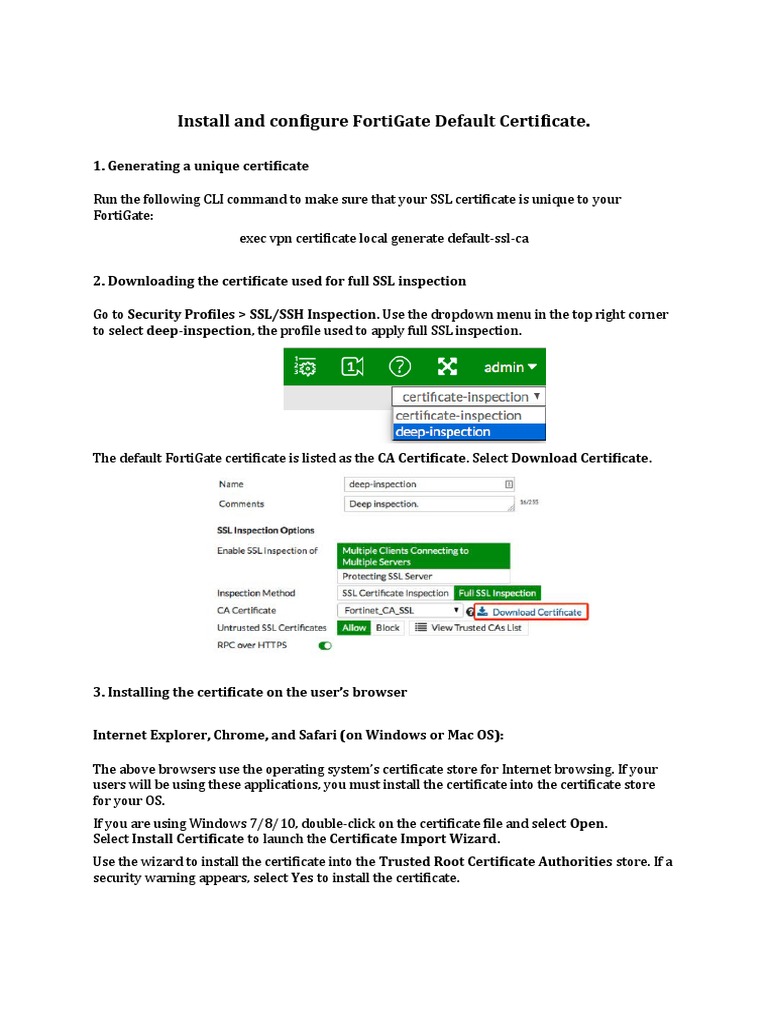Install and Configure FortiGate Default Certificate | PDF Install and Configure FortiGate Default Certificate | PDF