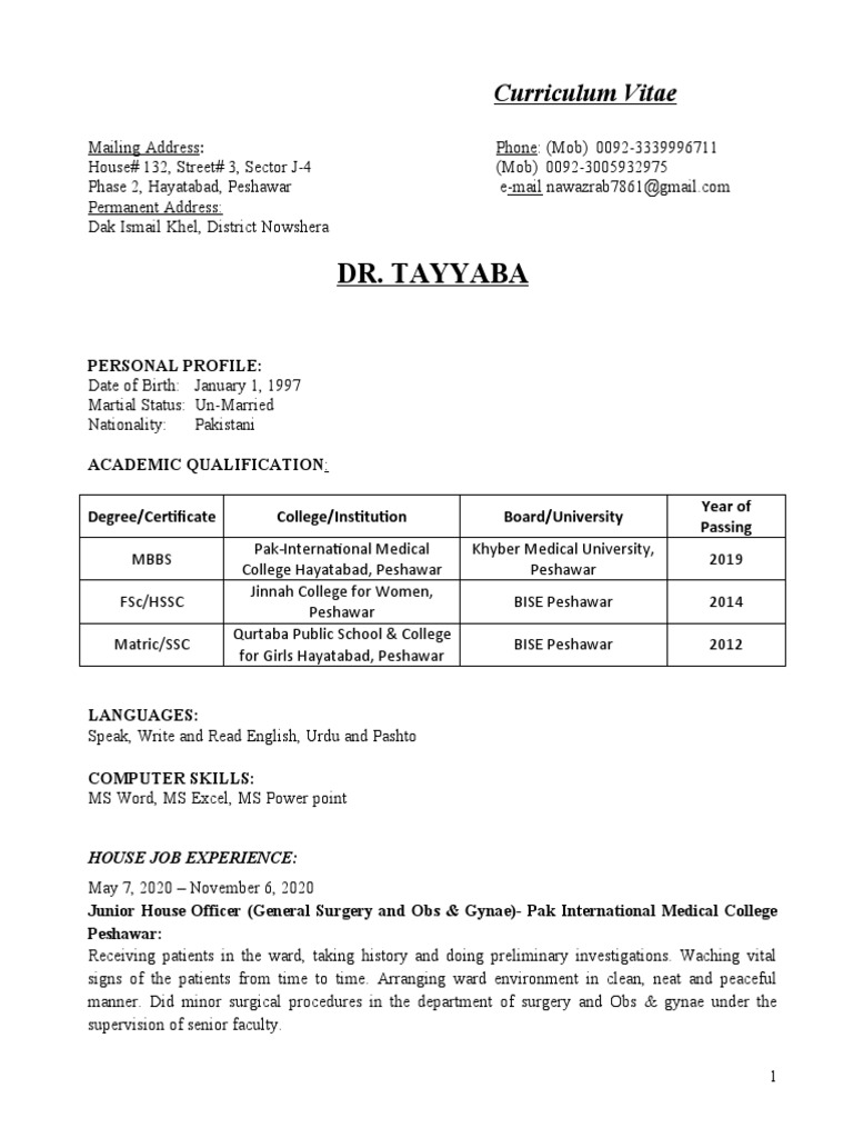 CV - DR Tayyaba | PDF | Khyber Pakhtunkhwa | Peshawar
