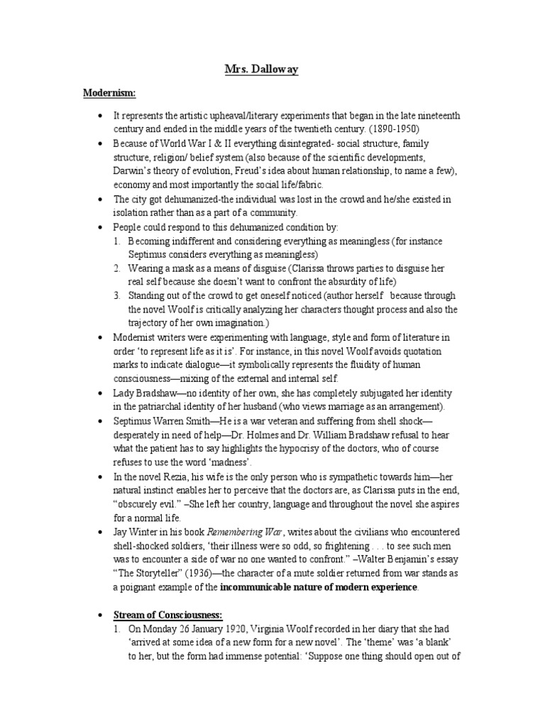 Mrs. Dalloway Notes | Download Free PDF | Mrs Dalloway | Virginia Woolf