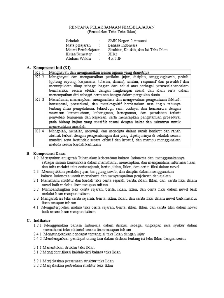 1 RPP Permodelan Teks Iklan | PDF | Karier & Perkembangan