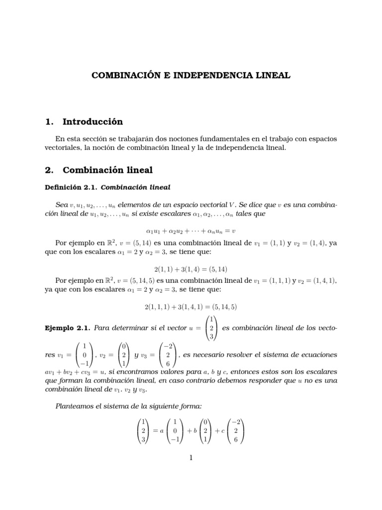 Combinaciones Lineales e Independencia Lineal | PDF | Espacio vectorial | Matriz (Matemáticas)