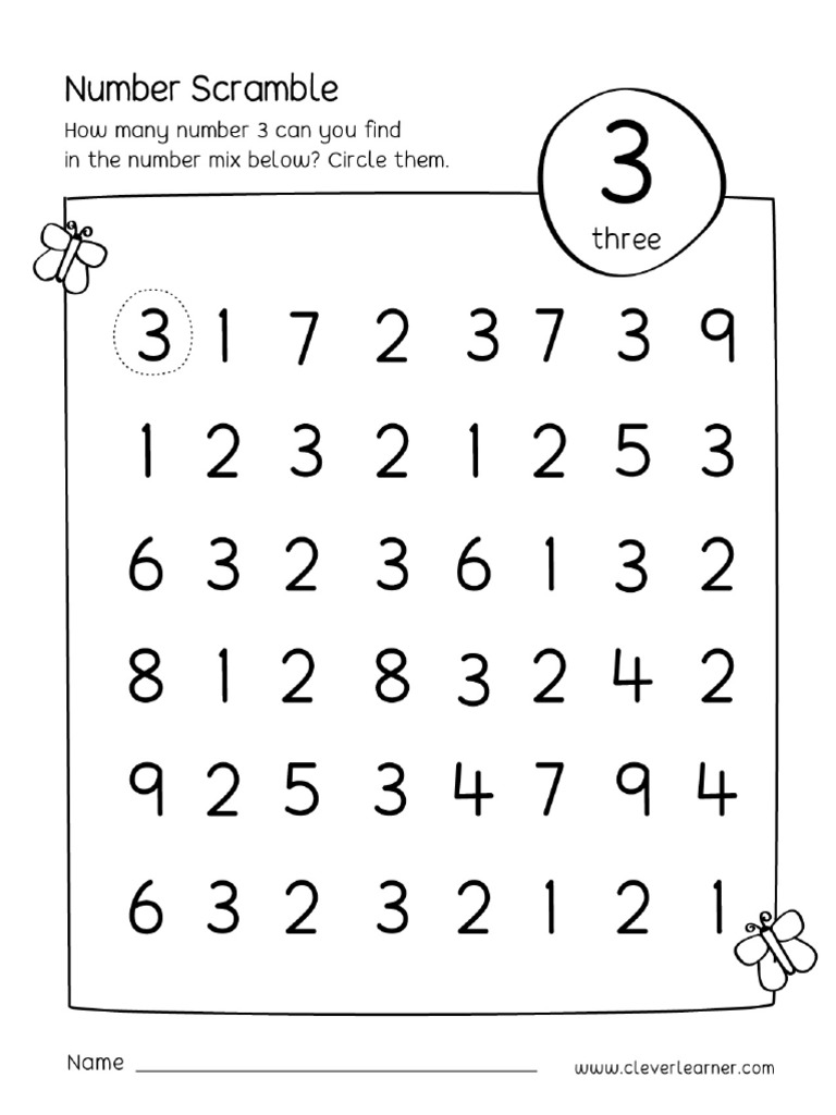 Scrambled Numbers Preschool Activity Worksheet Number 3b | PDF