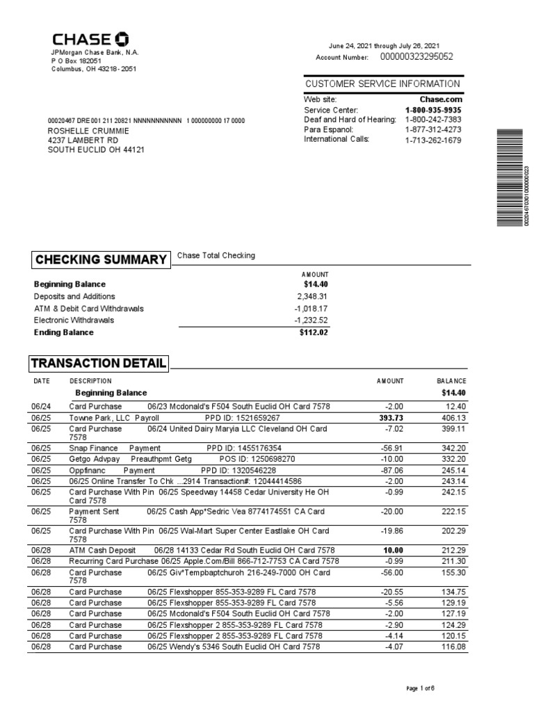 Chase Bank Statement Summary | PDF | Payments | Financial Transaction