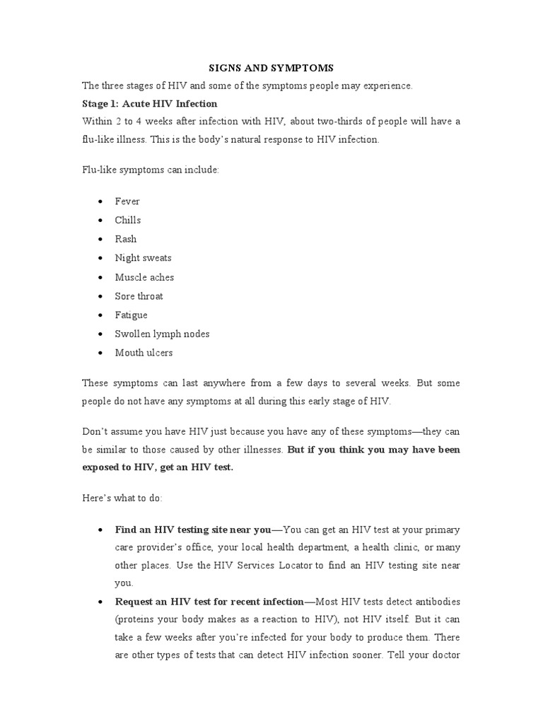 Stage 1: Acute HIV Infection: Signs and Symptoms | PDF | Hiv/Aids | Hiv