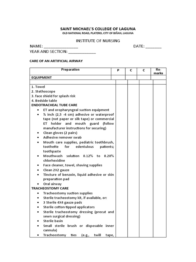 CHECKLIST Trach Care and Suctioning. | PDF | Medical Specialties | Clinical Medicine