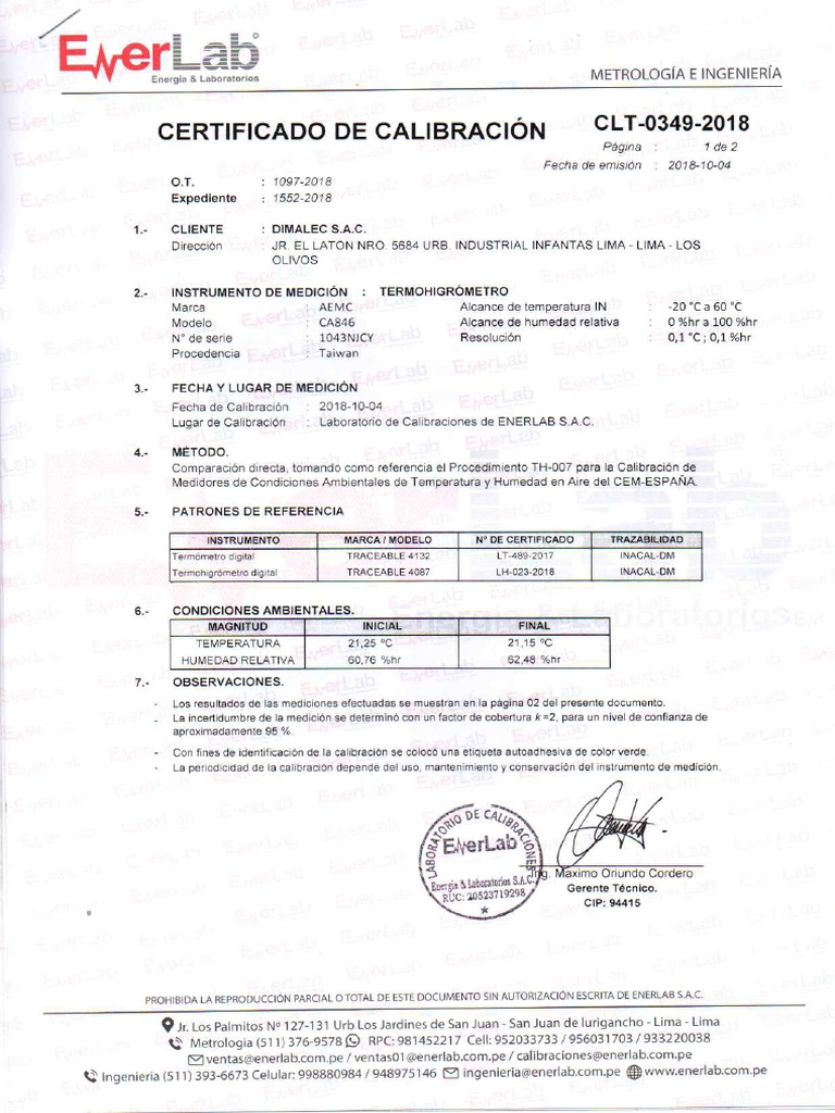 Certificado Calibracion - Termohigrometro-Vto. 04.10.19 | PDF