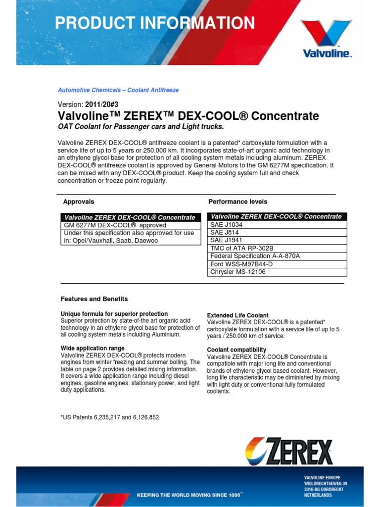 Product Information: Valvoline™ ZEREX™ DEX-COOL® Concentrate | PDF
