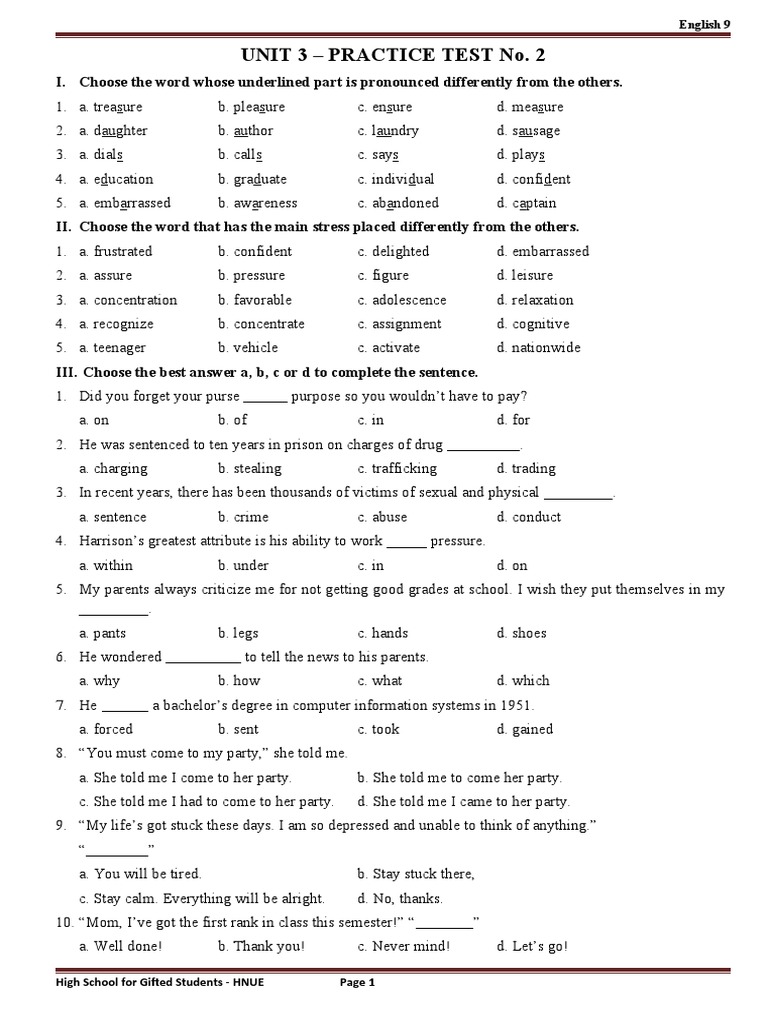 Unit 3 - Practice Test No. 2 - T3 | PDF | Stress (Biology) | Adolescence