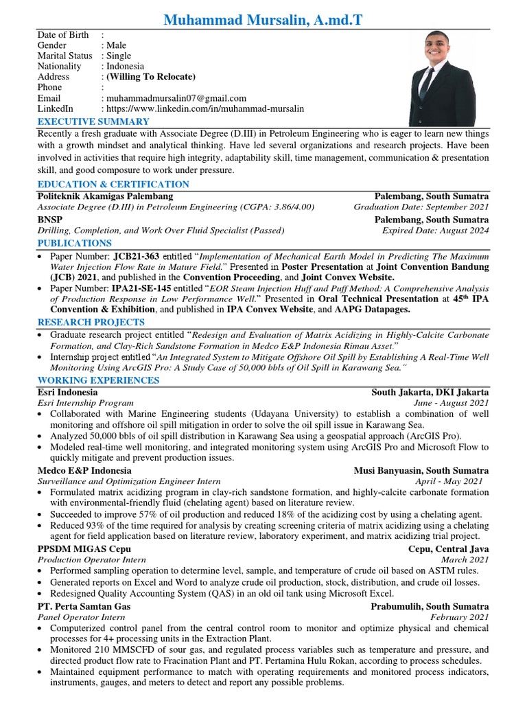 Muhammad Mursalin - Curriculum Vitae | PDF | Petroleum | Enhanced Oil ...