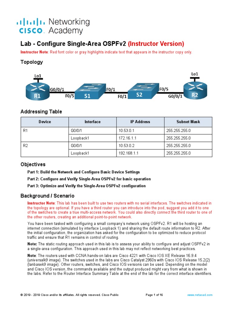 2.7.2 Lab - Configure Single-Area OSPFv2 - ILM | PDF | Ip Address | Router (Computing)