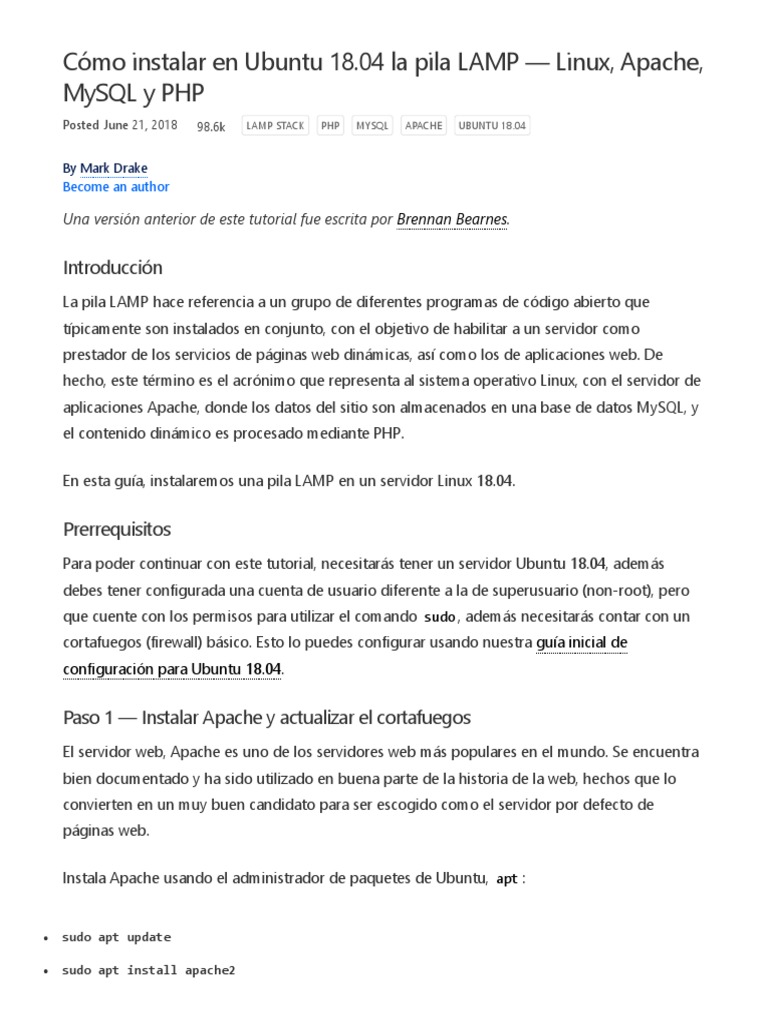 Cómo Instalar en Ubuntu 18.04 La Pila LAMP - Linux, Apache, MySQL y PHP - DigitalOcean | PDF ...