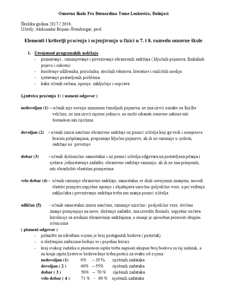Kriteriji Ocjenjivanja - Fizika, 7. I 8. Razred | PDF