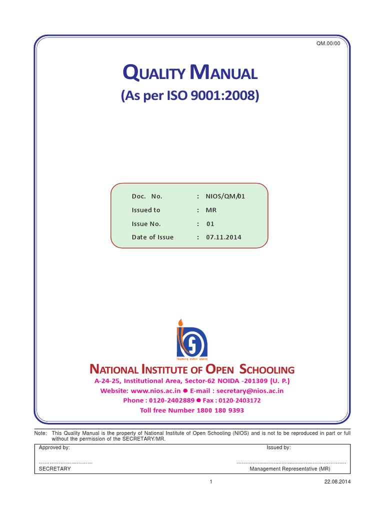 NIOS Quality Manual ISO 9001:2008 | PDF | Iso 9000 | Quality Management
