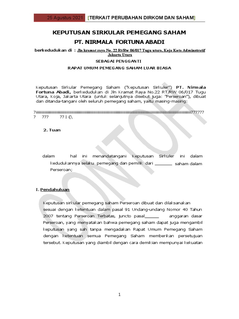 Contoh Keputusan Sirkuler Perubahan Dirkom Dan Saham | PDF