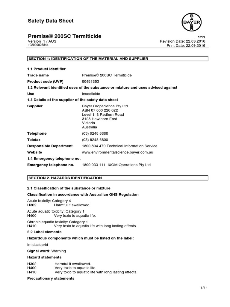 AU-Rentokil-Premise 200 SC Termiticide SDS-EN-SDS 01 GHS | PDF ...
