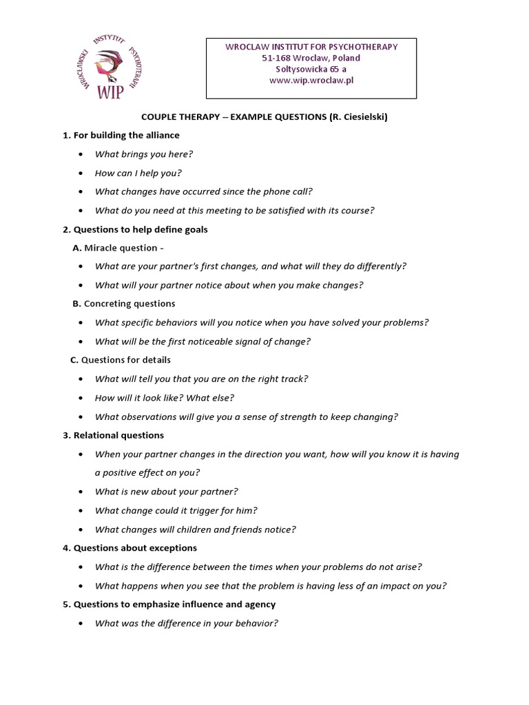 Couple Therapy - Example Questions | PDF | Psychotherapy | Behavior