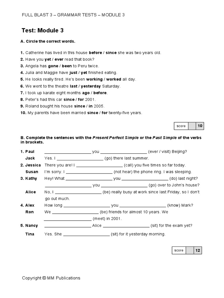 Test: Module 3: Full Blast 3 - Grammar Tests - Module 3 | PDF | Grammar ...