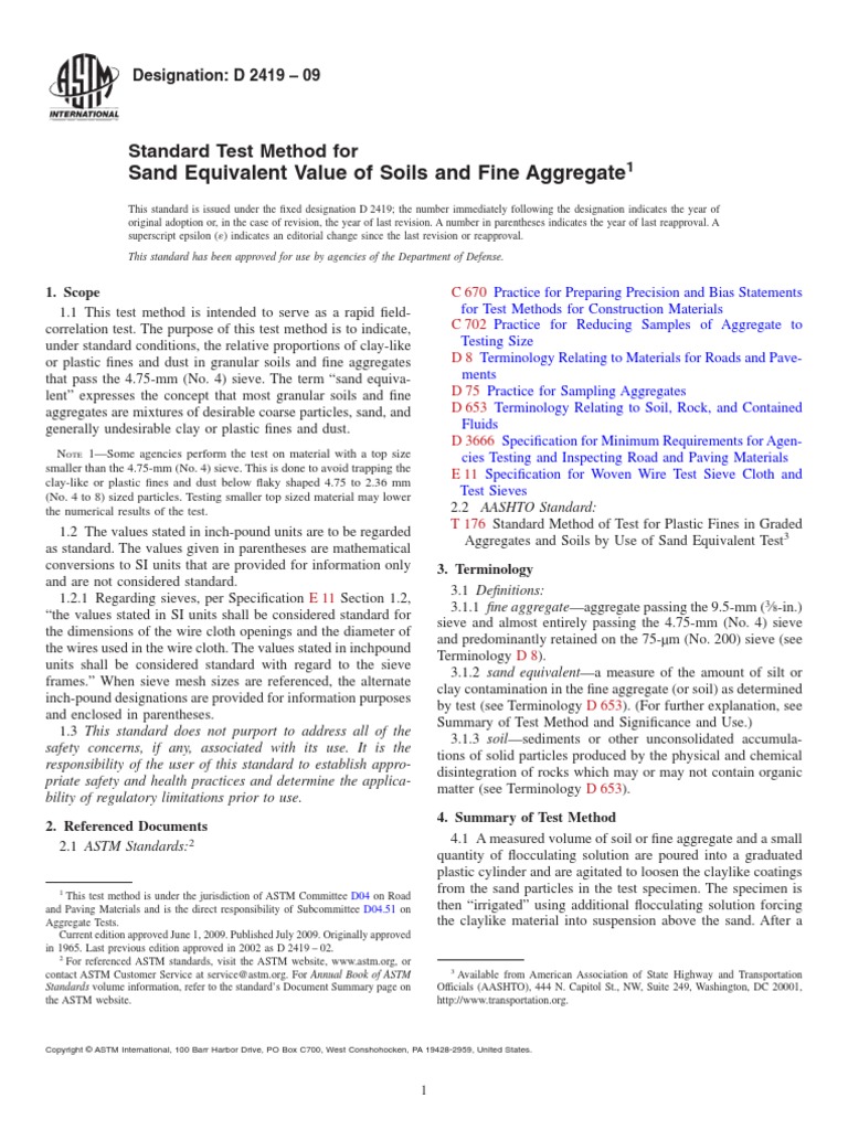 Sand Equivalent Value of Soils and Fine Aggregate: Standard Test Method ...