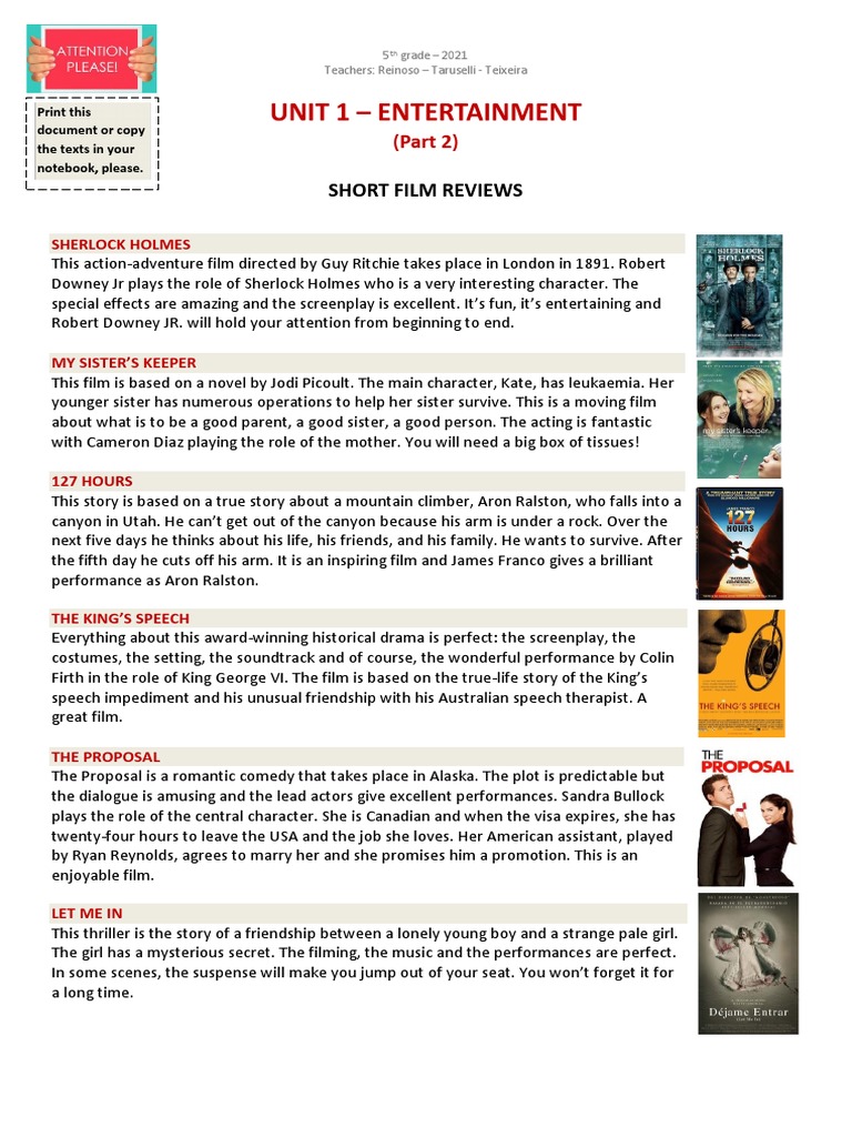 Unit 1 - Entertainment: Short Film Reviews | PDF