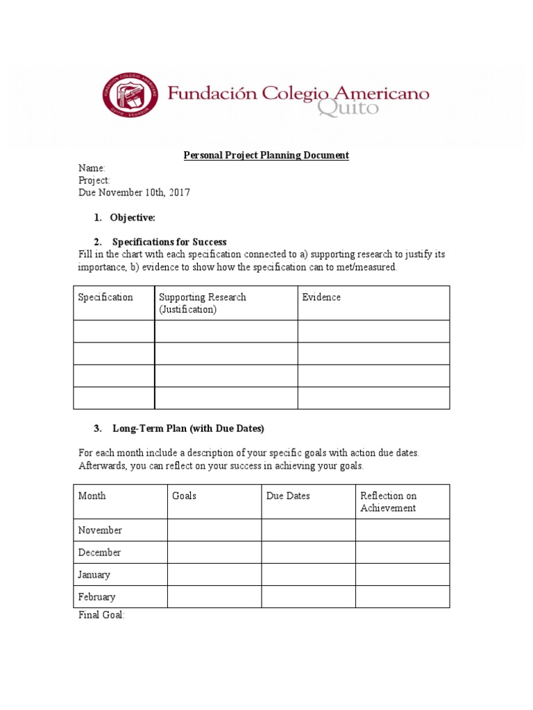 Personal Project Planning Template | PDF