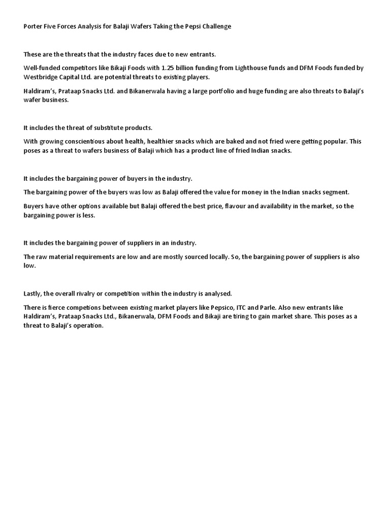 Porter Five Forces Analysis For Balaji Wafers Taking The Pepsi ...