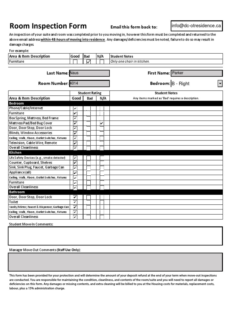 Room Inspection Form 2 | PDF | Room | Bedroom