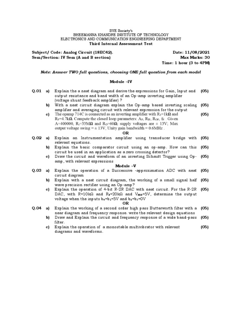 Analog Circuit Assessment Test 2021 | PDF | Operational Amplifier ...