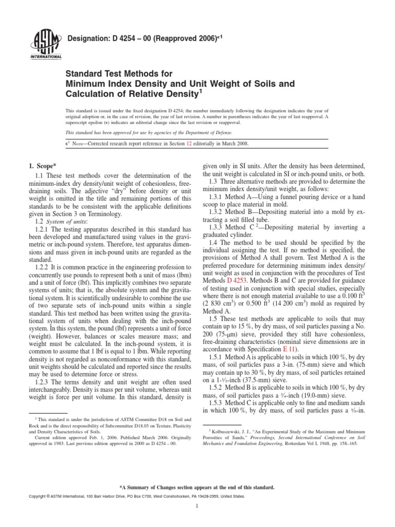 Minimum Index Density and Unit Weight of Soils and Calculation of ...