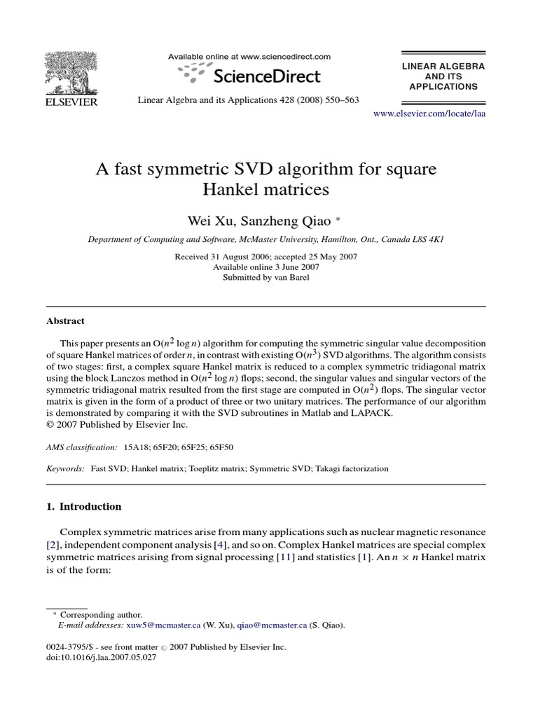 A Fast Symmetric Svd Algorithm For Square Hankel Matrices Pdf