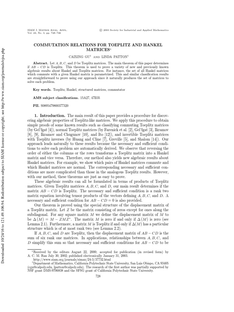 Commutation Relations For Toeplitz And Hankel Matrices Pdf Matrix Mathematics