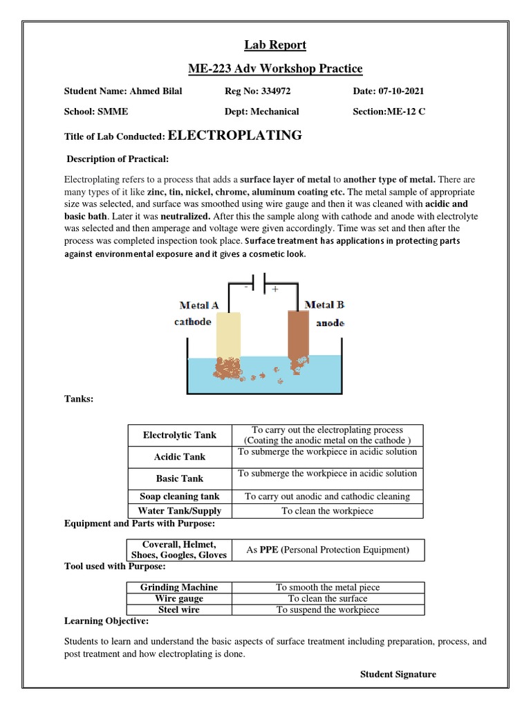 Electroplating: Lab Report ME-223 Adv Workshop Practice | PDF