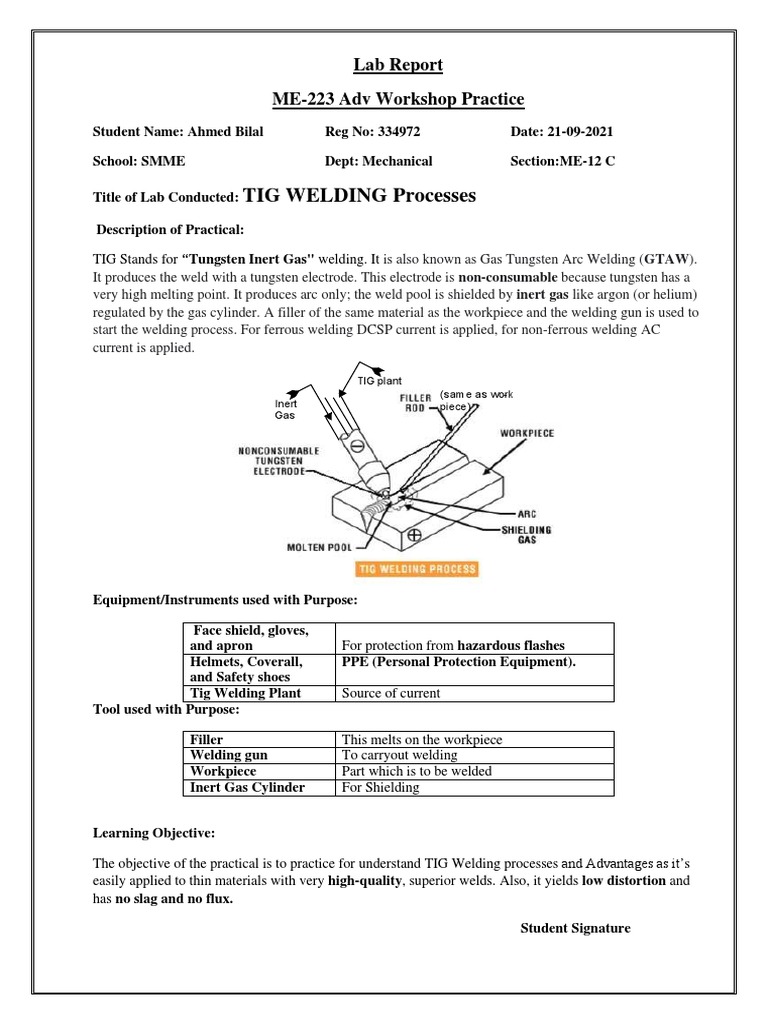 TIG WELDING Processes: Lab Report ME-223 Adv Workshop Practice | PDF