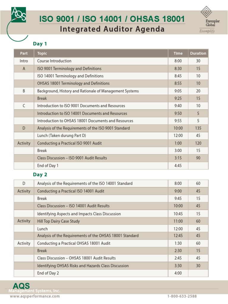 ISO 9001 / ISO 14001 / OHSAS 18001: Integrated Auditor Agenda | PDF ...