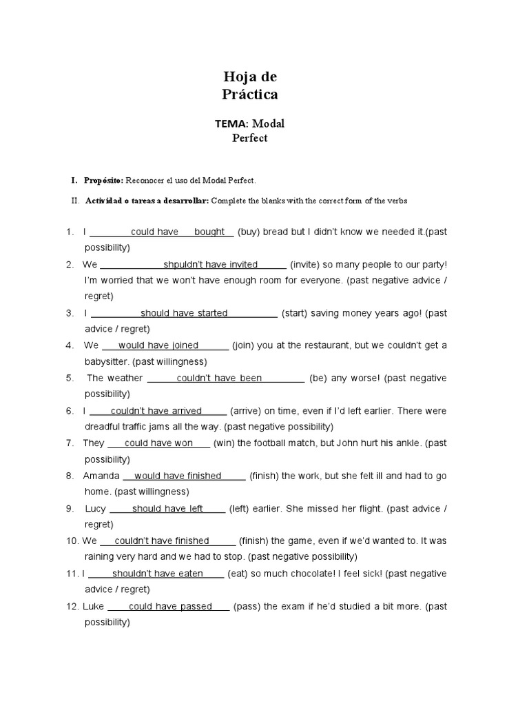 Modal Perfect Practice Worksheet | PDF