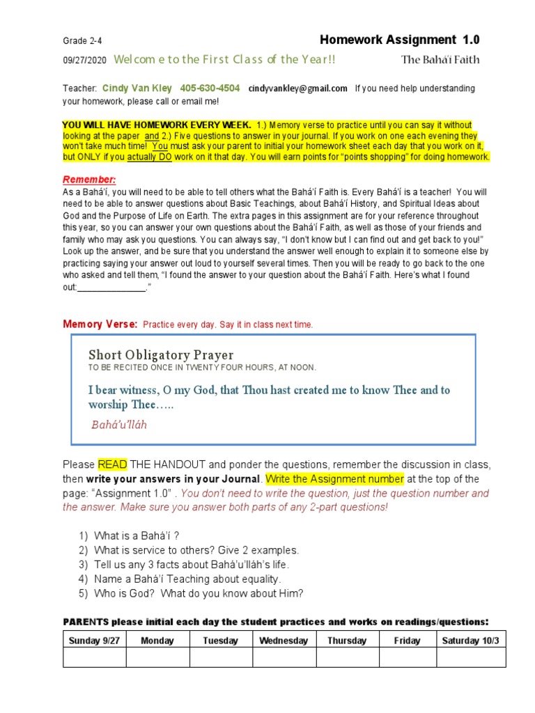 Grade 2-4 Homework: Bahá'í Faith Overview | PDF | God | Religious ...