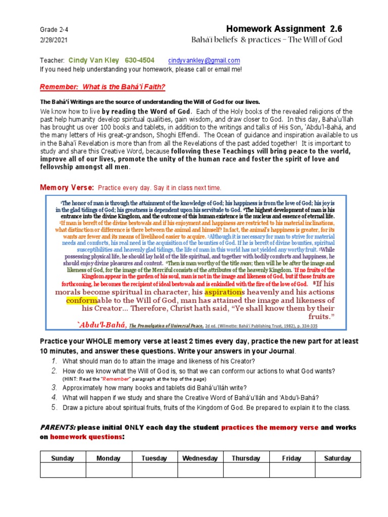 Bahá'í Beliefs & Practices - The Will of God: Homework Assignment 2.6 ...