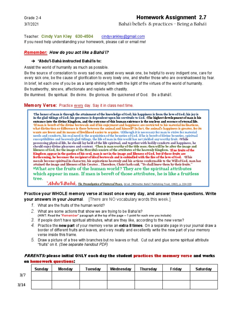 Bahá'í Beliefs & Practices - Being A Bahá'í: Homework Assignment 2.7 ...