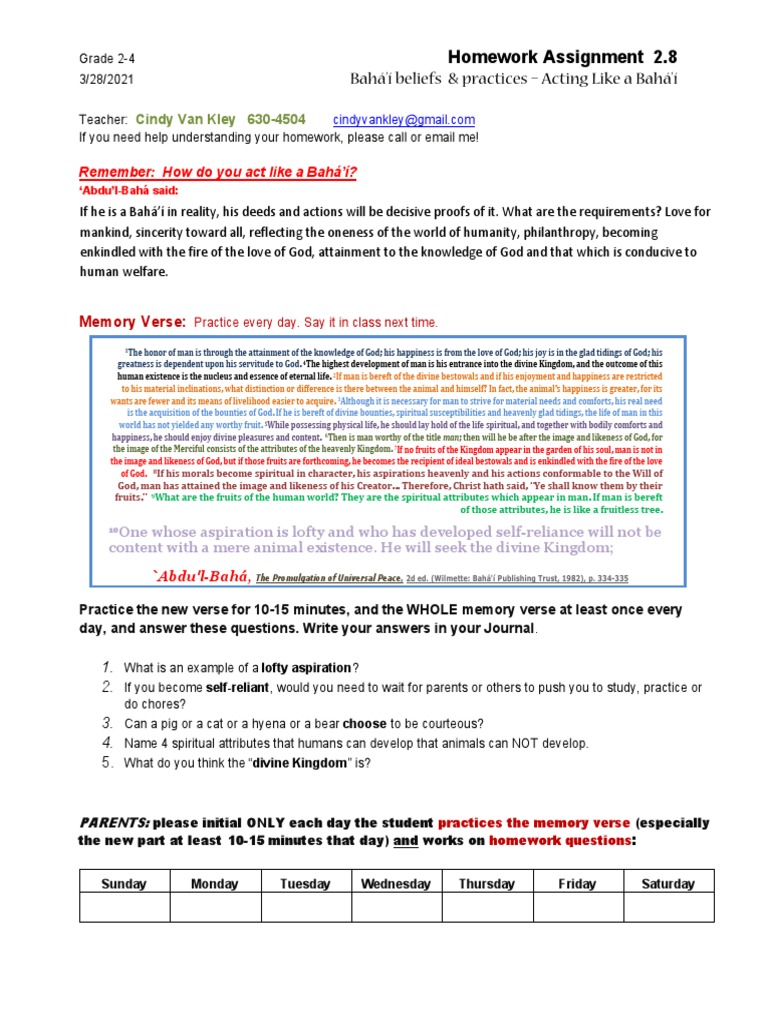 Bahá'í Beliefs & Practices - Acting Like A Bahá'í: Homework Assignment ...