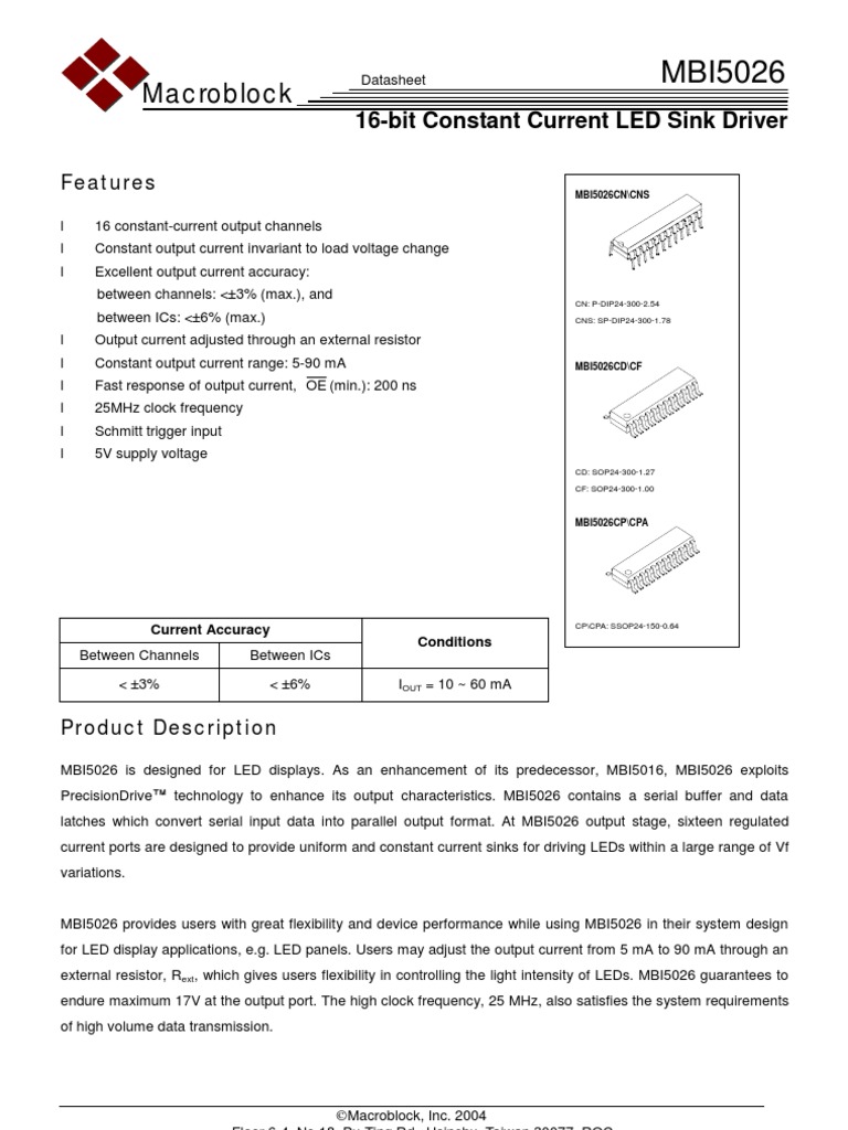 Macroblock: 16-Bit Constant Current LED Sink Driver | PDF | Resistor ...