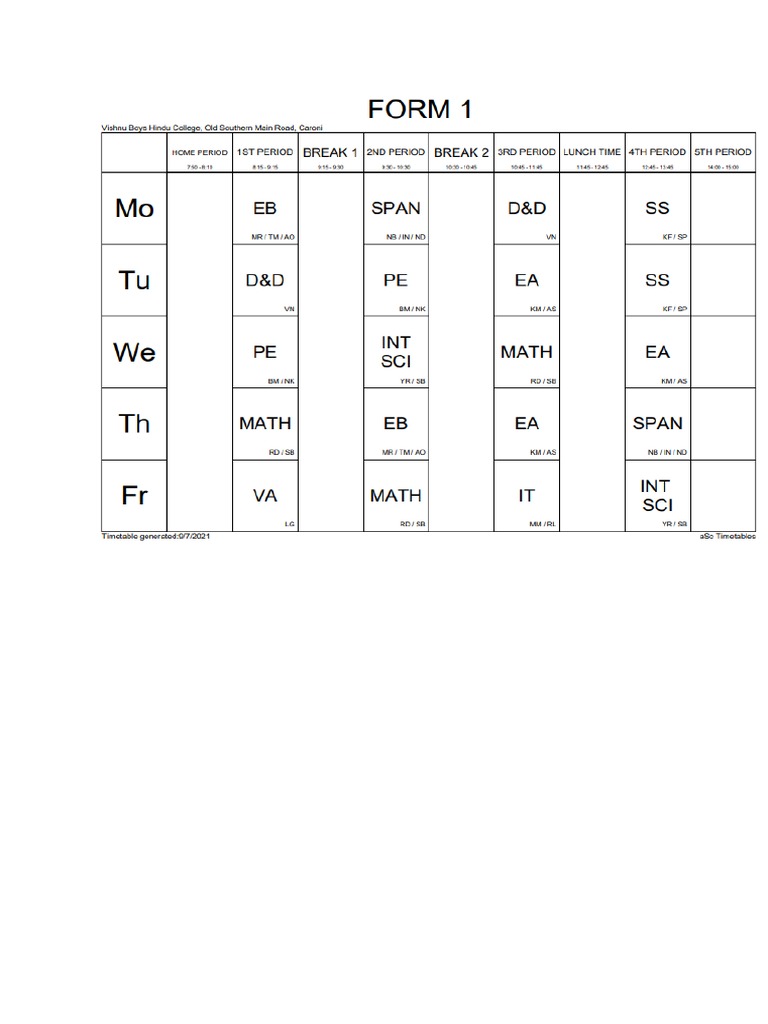 Form 1 Timetable | PDF