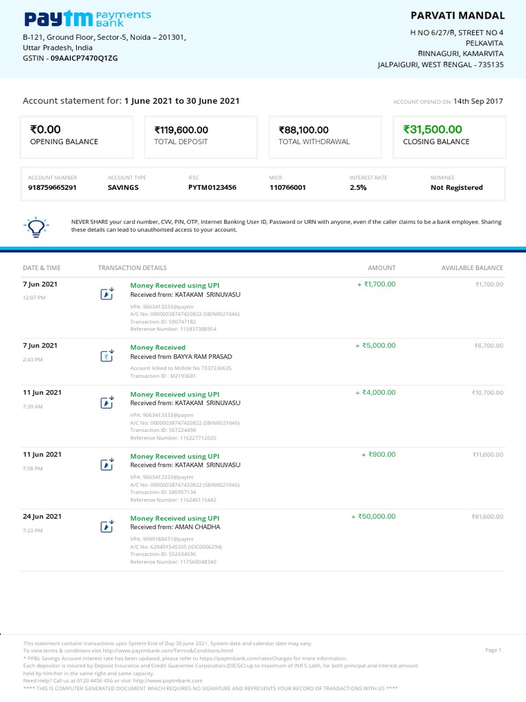 Paytm Bank Account Statement June 2021 | PDF | Deposit Account | Interest