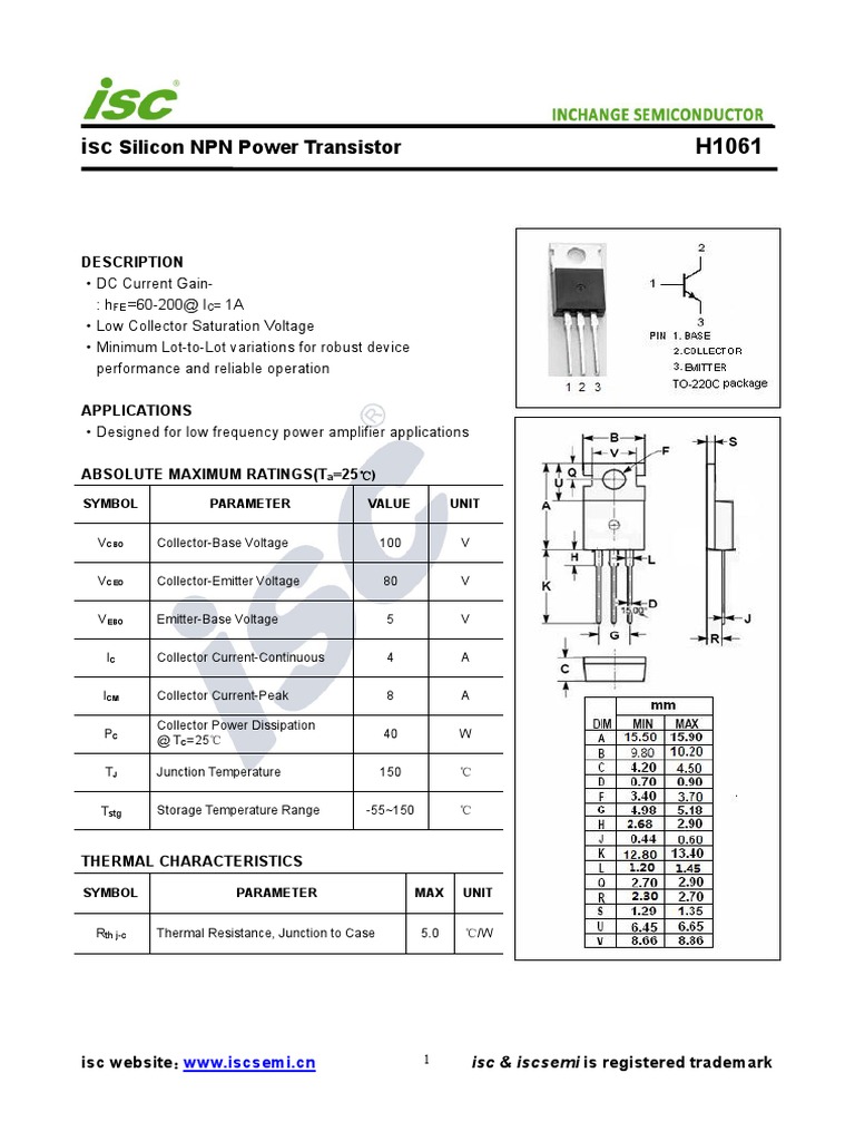 Isc H1061: Silicon NPN Power Transistor | PDF | Bipolar Junction ...