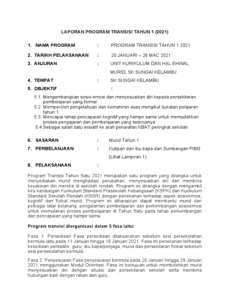 Laporan Program Transisi Tahun 1 2021 | PDF