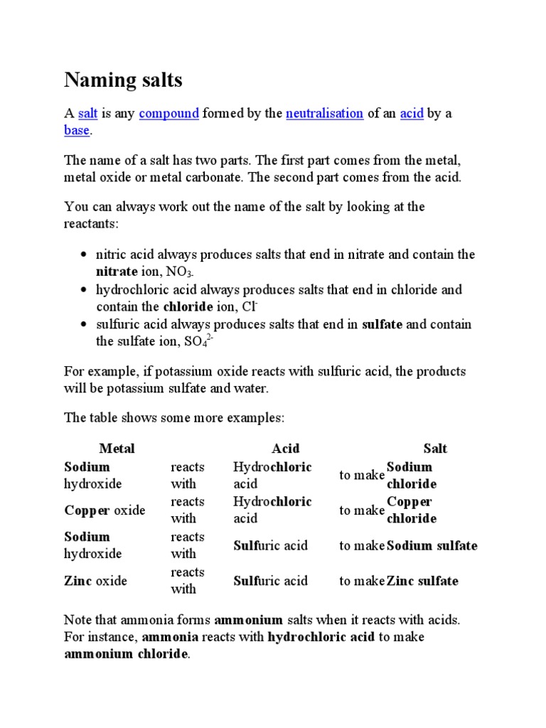 Naming Salts: Salt Compound Neutralisation Acid Base | PDF | Salt ...