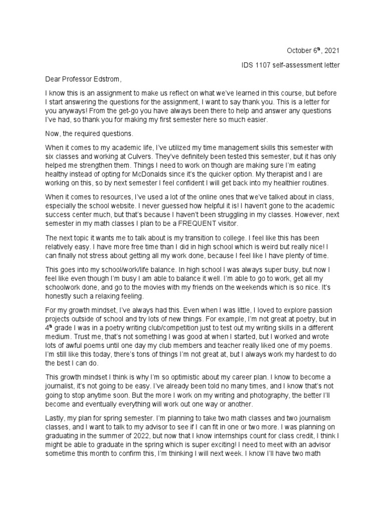 IDS 1107 Self-Assessment Letter | PDF | Career & Growth