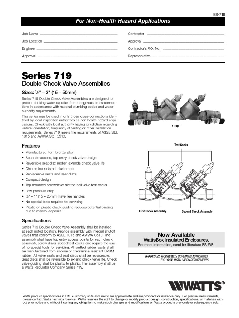 Backflow Preventer Watts Model 719 Specifications | PDF | Valve | Equipment